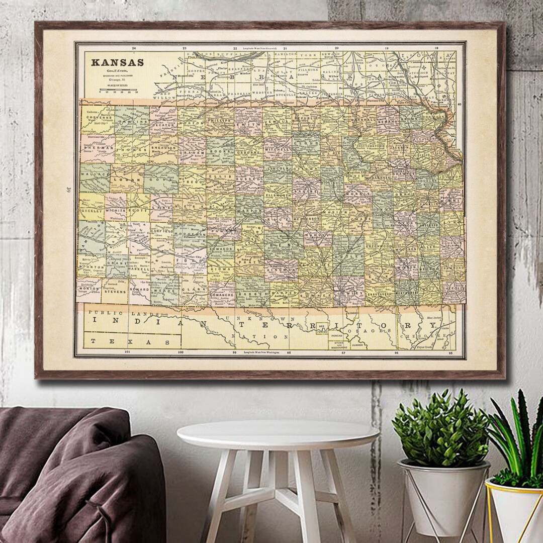 1887 Kansas Map Reprint, Vintage Cram's Kansas State Map Reprint, 4 ...