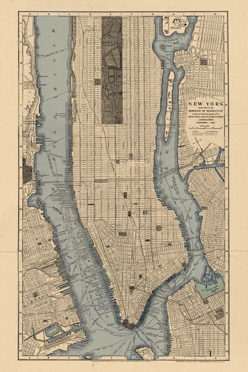 1905 Manhattan Map Reprint - Vintage Street Map of Manhattan Reprint ...