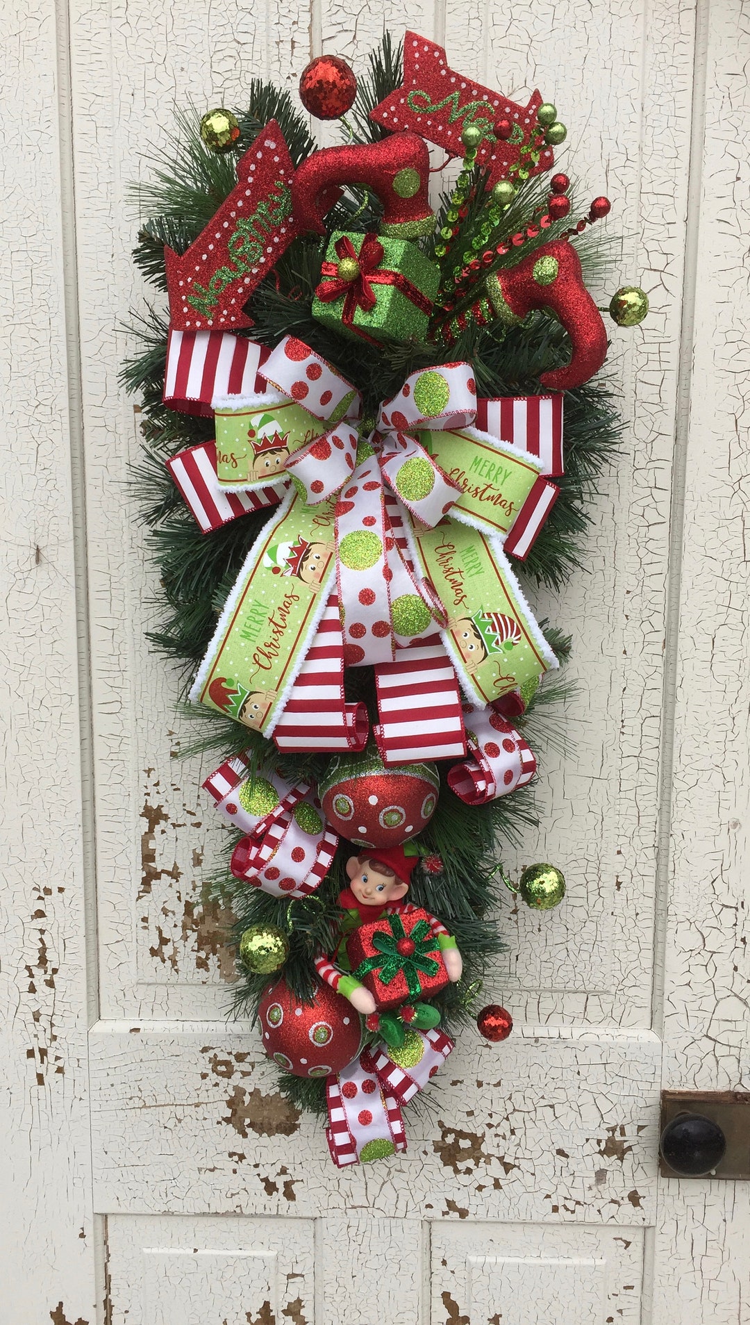 Elf Whimsical Door Swag Whimsical Swag Christmas Door Decor Red Green ...