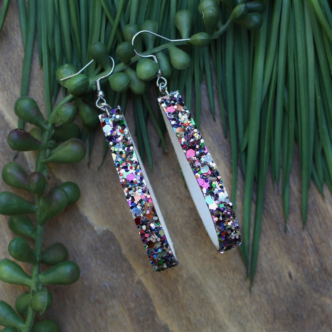 Bejeweled Regular Skinny Leather Loop Earrings / Rainbow Glitter ...