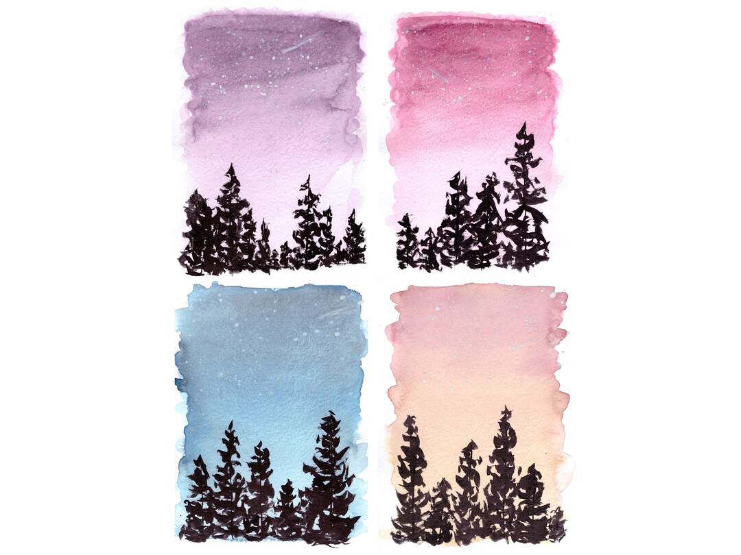 Sunset in Forest Watercolor Postcards, Set of 4 Original Painting Art ...