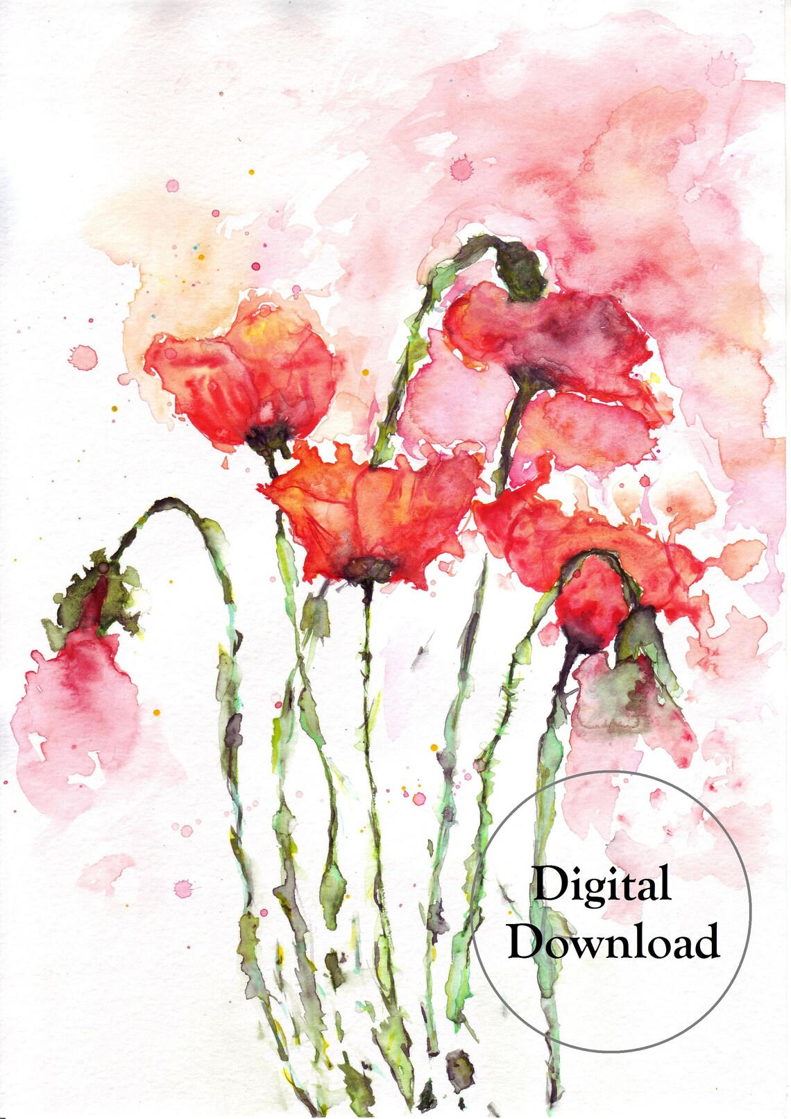 Poppy Flower Digital Download Watercolor Print PDF Printable Floral ...