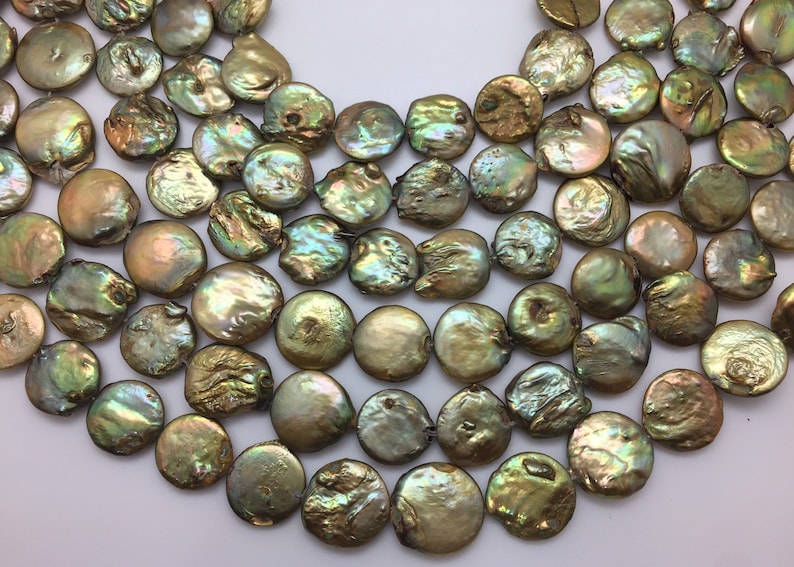 18-22mm Large Metallic Green Coin Freshwater Pearls Strand 15 " - Etsy