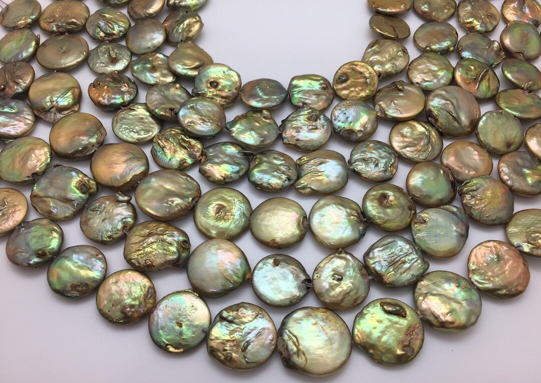 18-22mm Large Metallic Green Coin Freshwater Pearls Strand 15 " - Etsy