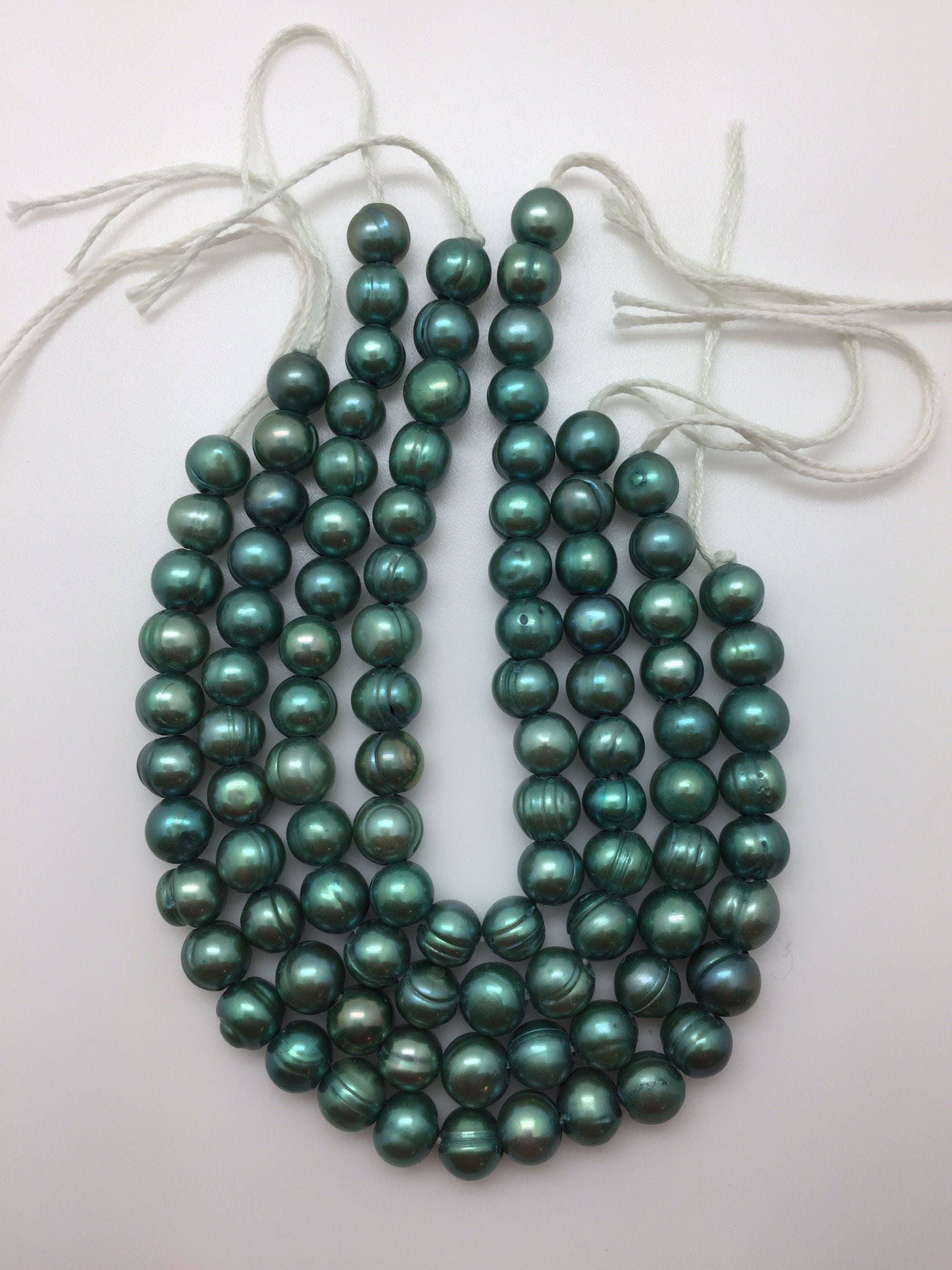 Metallic Green 8 - 10mm Round Freshwater Pearls 8" Strand Larg Hole ...