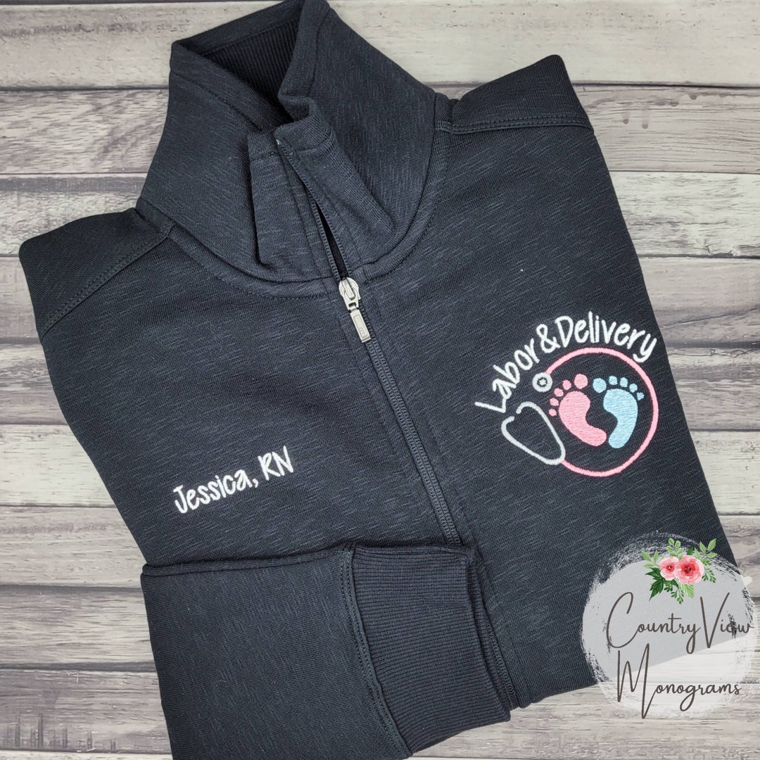 Labor & Delivery Nurse Slub Heathered Sweatshirt Jacket With Footprint ...