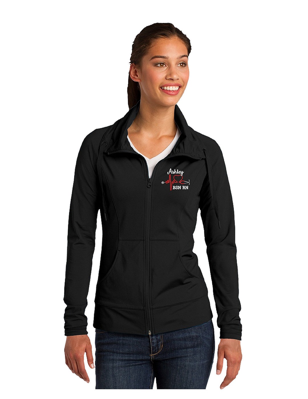 Womens Heart EKG Stethoscope Nurse Stretch Sportwick Jacket-rn LPN ...