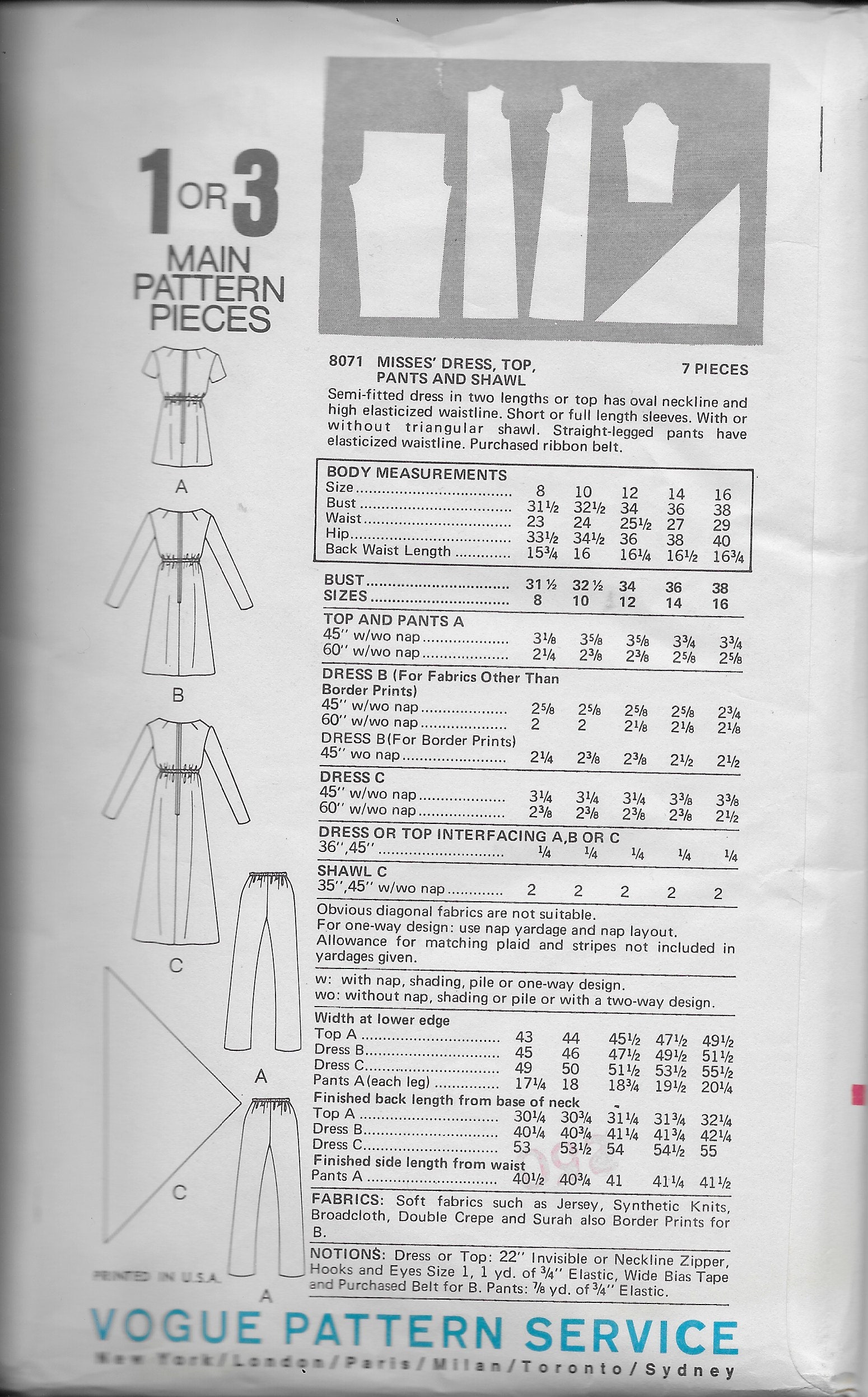 Vintage Vogue 8071 Sewing Pattern for Misses Dress Top Pants | Etsy