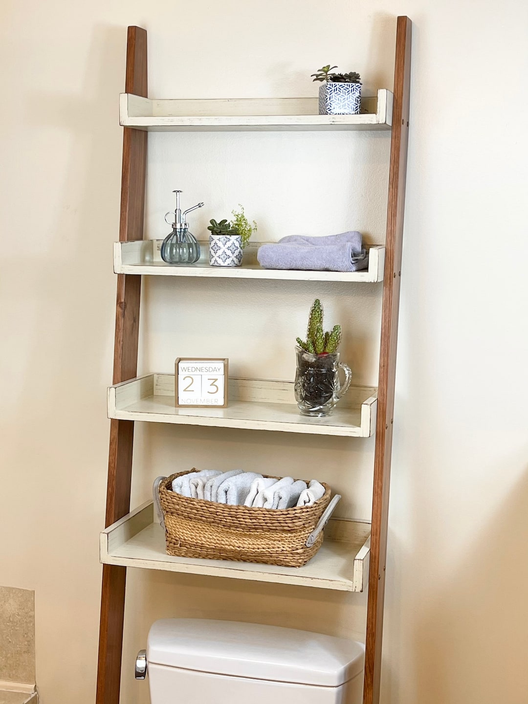 Over the Toilet Ladder Shelf, Bathroom Organizer, Tall Leaning Ladder ...