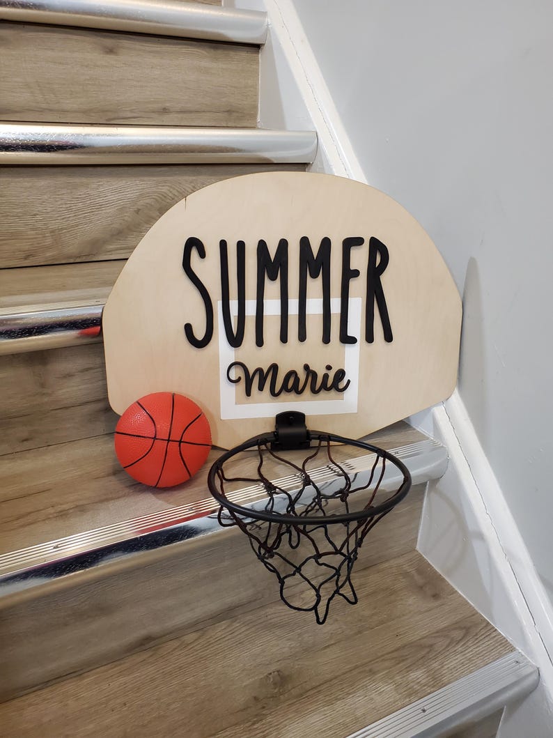 Wood Basketball Hoop Door Name Sign, Door Hanger, Mini Basketball Hoop ...