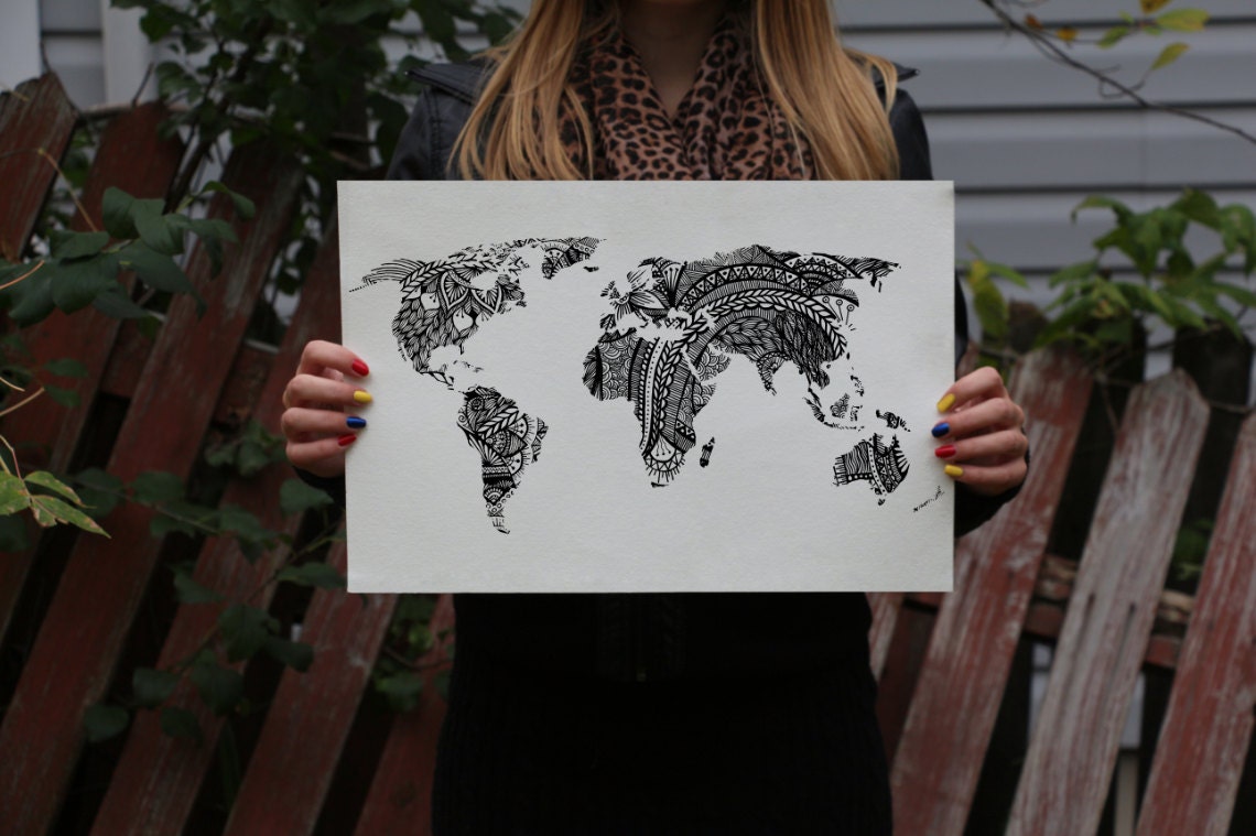 World Map Art Print in Black & White Drawing Prints World - Etsy Canada