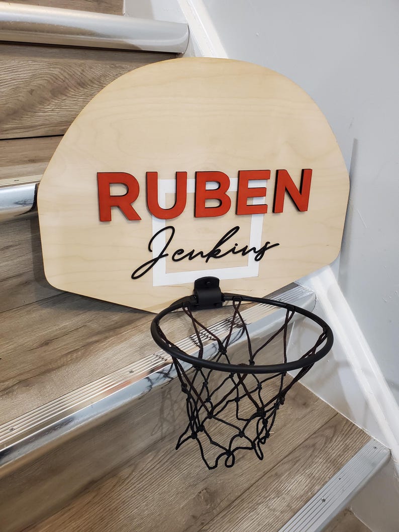 Wood Basketball Hoop Door Name Sign, Door Hanger, Mini Basketball Hoop ...