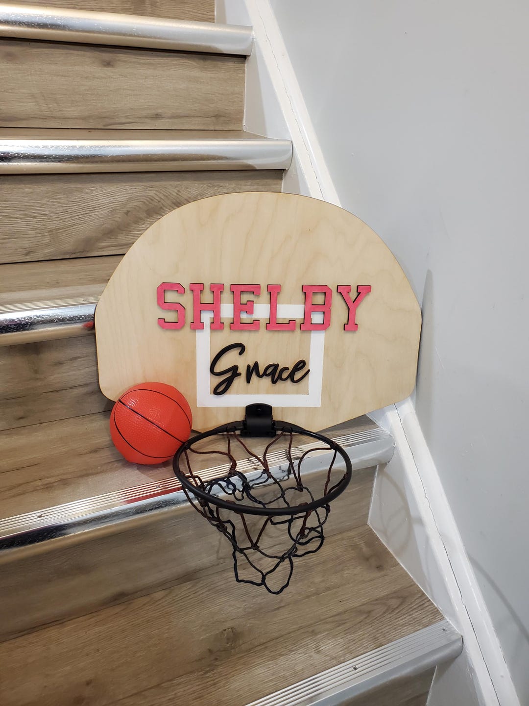 Wood Basketball Hoop Door Name Sign, Door Hanger, Mini Basketball Hoop ...