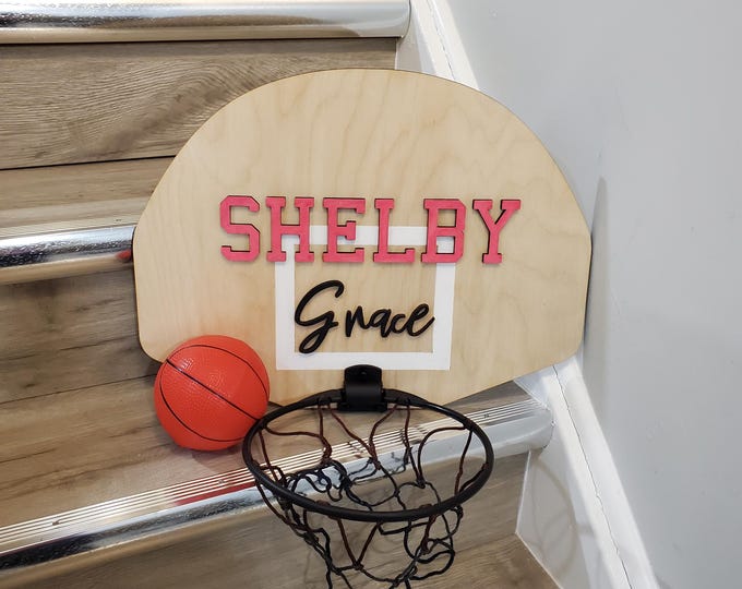 Wood Basketball Hoop Door Name Sign, Door Hanger, Mini Basketball Hoop ...