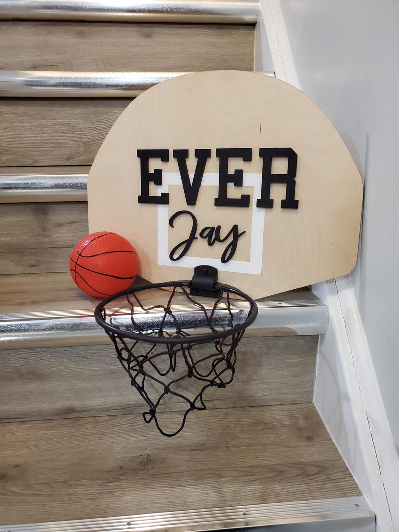 Wood Basketball Hoop Door Name Sign, Door Hanger, Mini Basketball Hoop ...