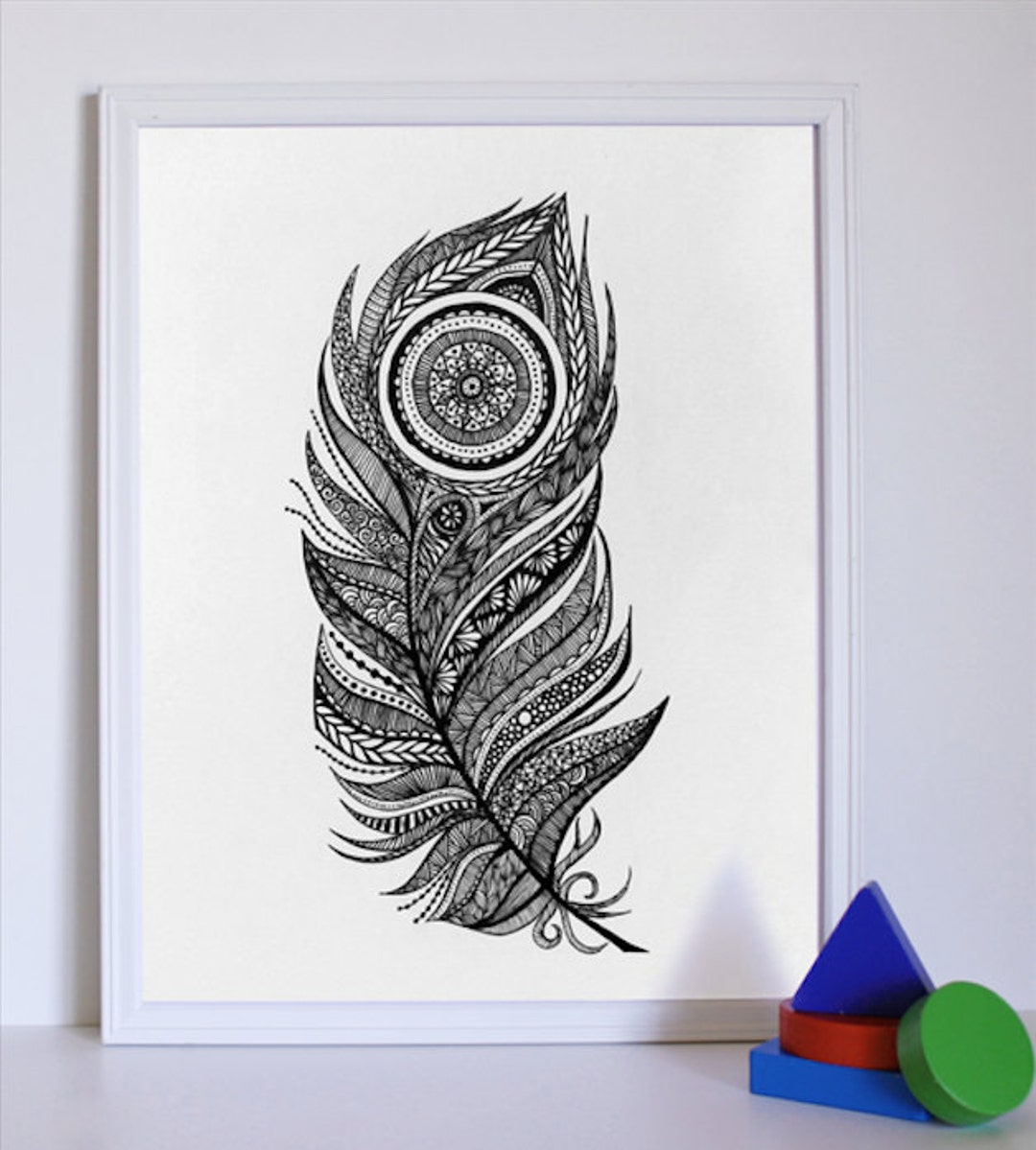 Peacock Feather Print, Aztec Design, Black, White, Original ...
