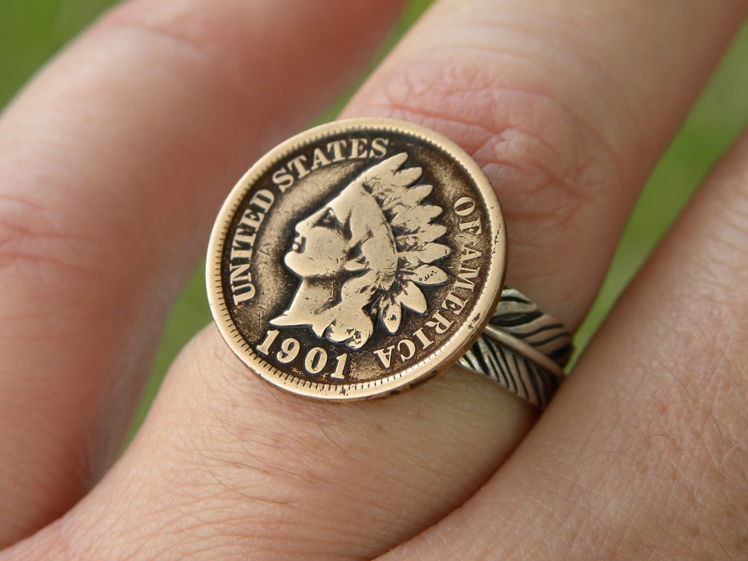 1901 Indian Head Penny Ring: Sterling Silver Feather Band, Size 10.5 - Etsy