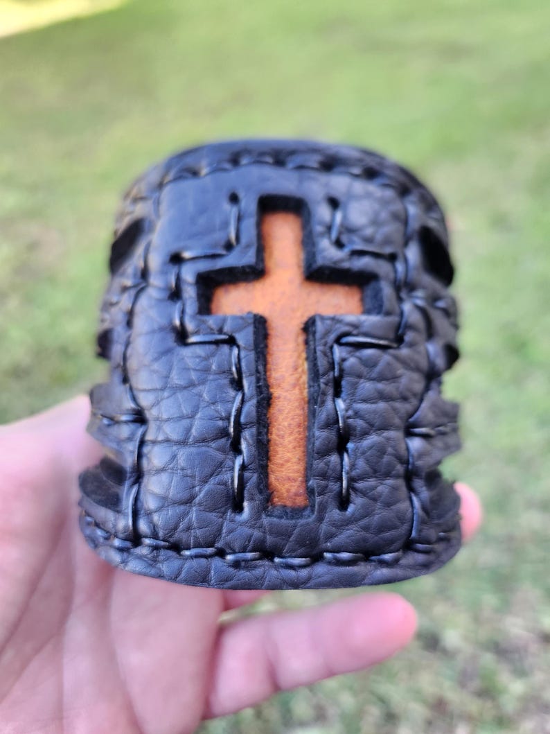 Handcrafted Buffalo Bison Leather Cuff Bracelet: Black Cross ...