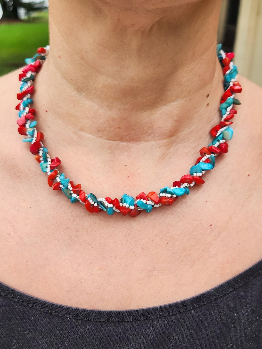 Red Coral Turquoise Color Glass and White Color Stones Beads ...