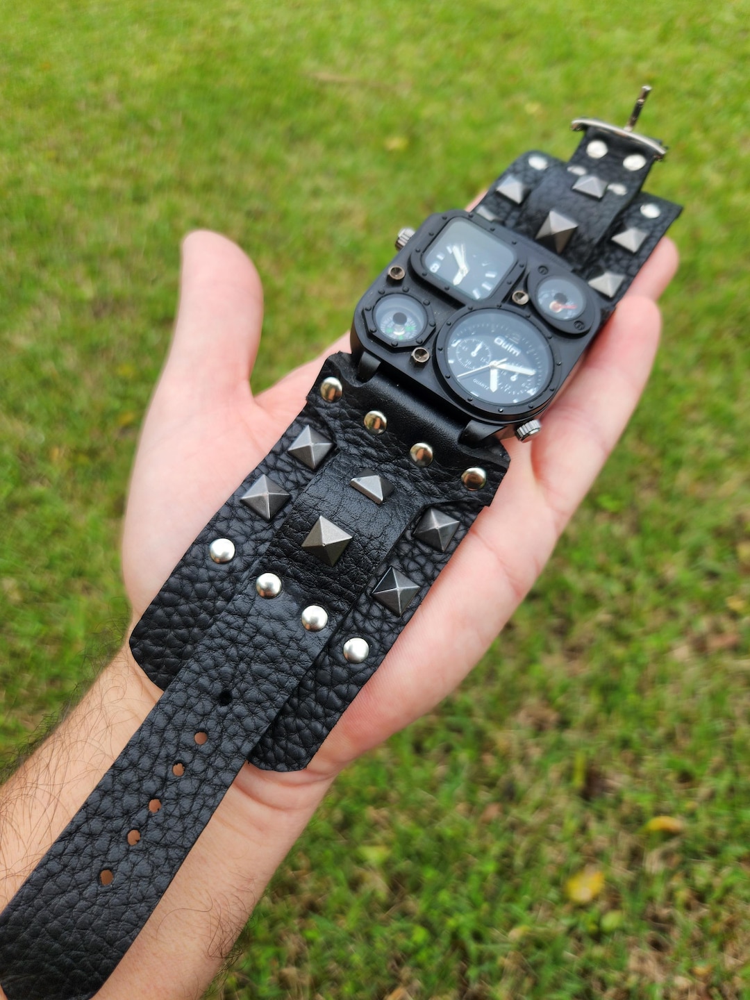 Steampunk Dual Time Watch: Buffalo Bison Leather Wristband, Rock Star ...