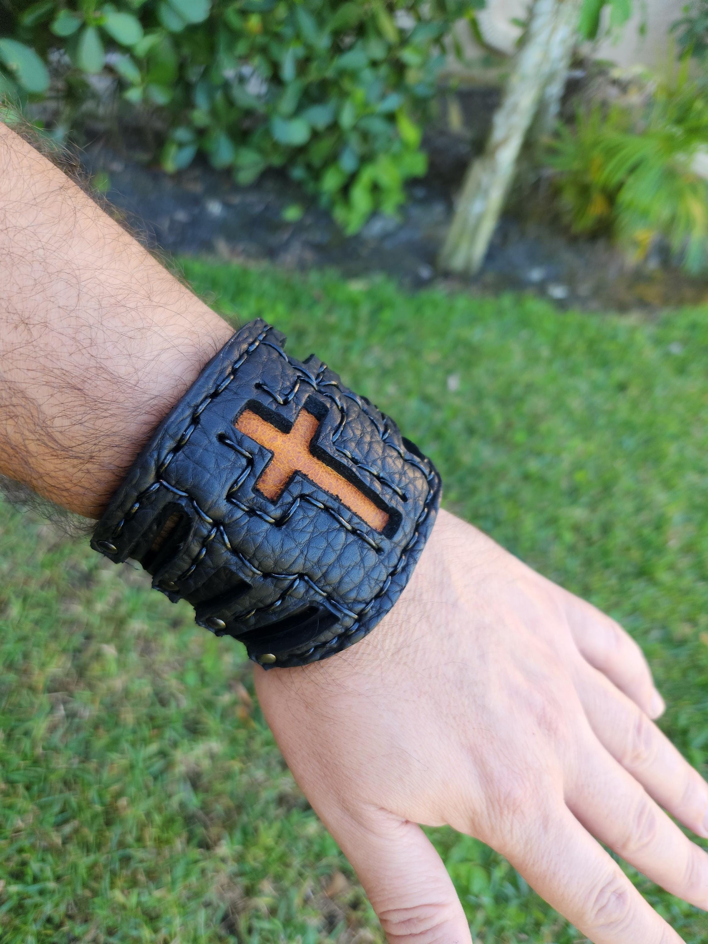 Handcrafted Buffalo Bison Leather Cuff Bracelet: Black Cross ...