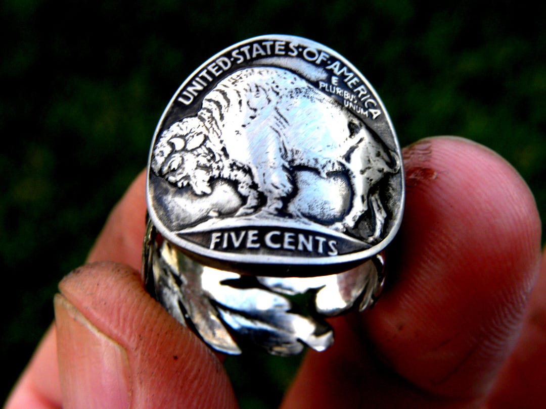 Buffalo Nickel Coin Ring: Sterling Silver Feather Band, Adjustable Size ...