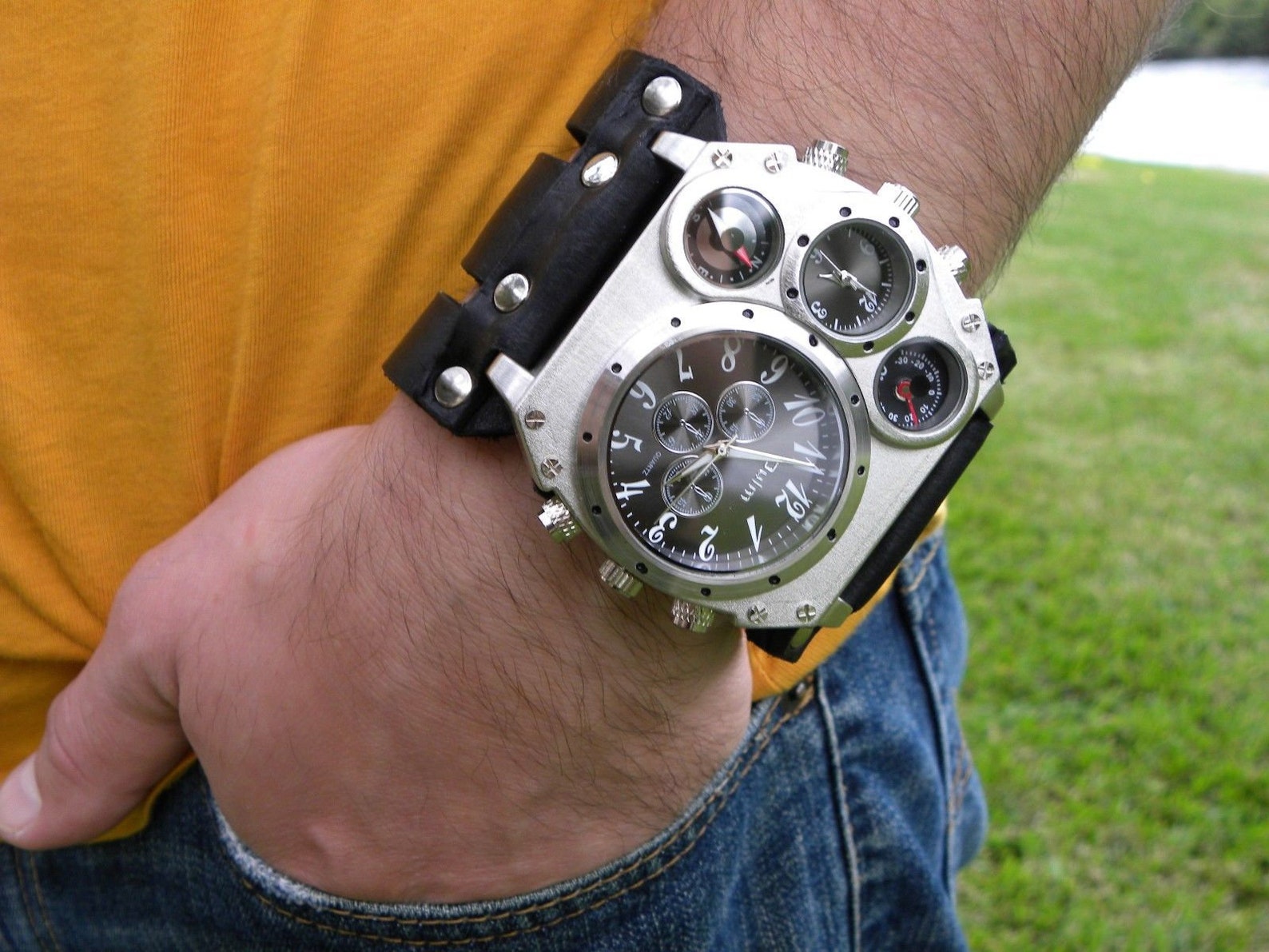 Handmade Buffalo Leather Watch Bracelet: Dual Time Steampunk Wristband ...