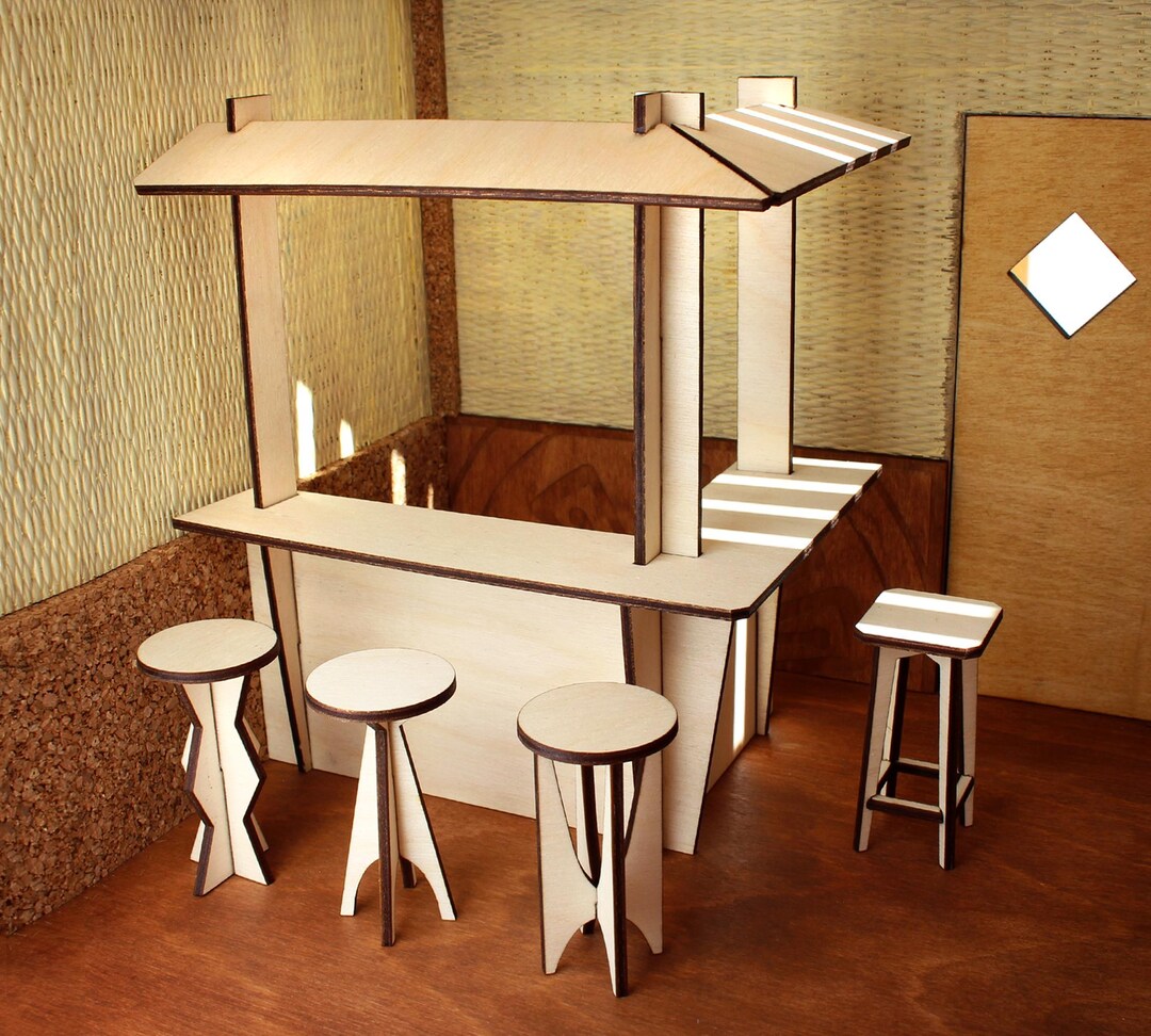 1:12 Scale Corner Bar Set, 4 Stools and Roof - Modern Miniature ...