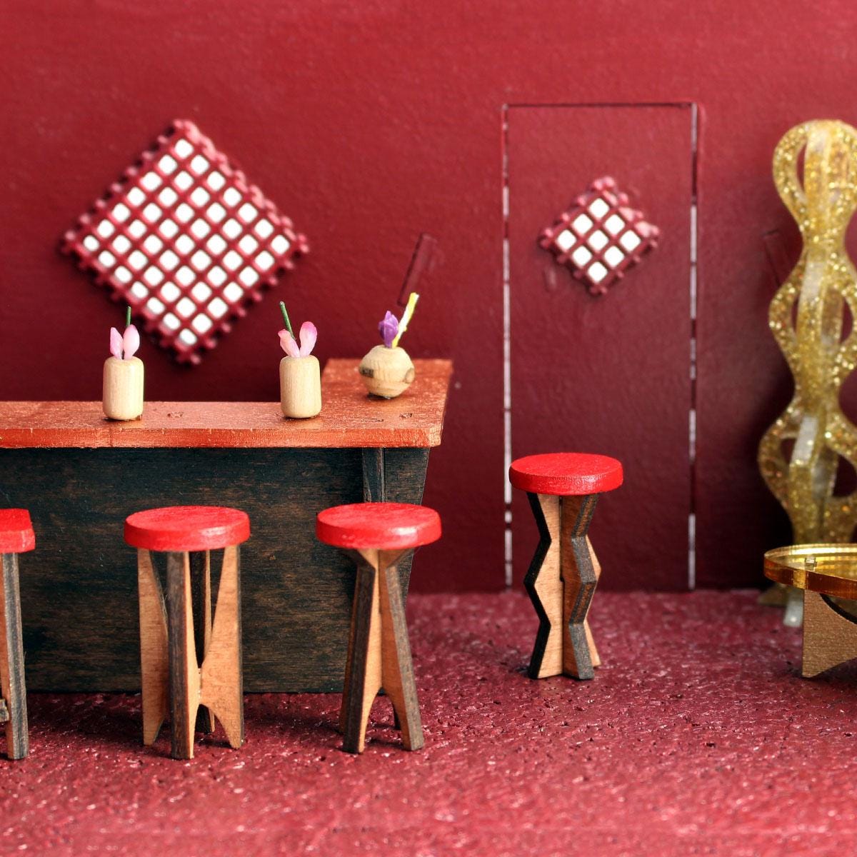 1:24 Scale Corner Bar Set With 4 Stools - Modern Miniature Dollhouse ...