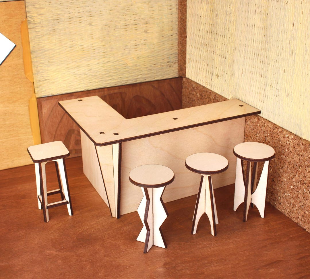 1:12 Scale Corner Bar Set With 4 Stools - Modern Miniature Dollhouse ...