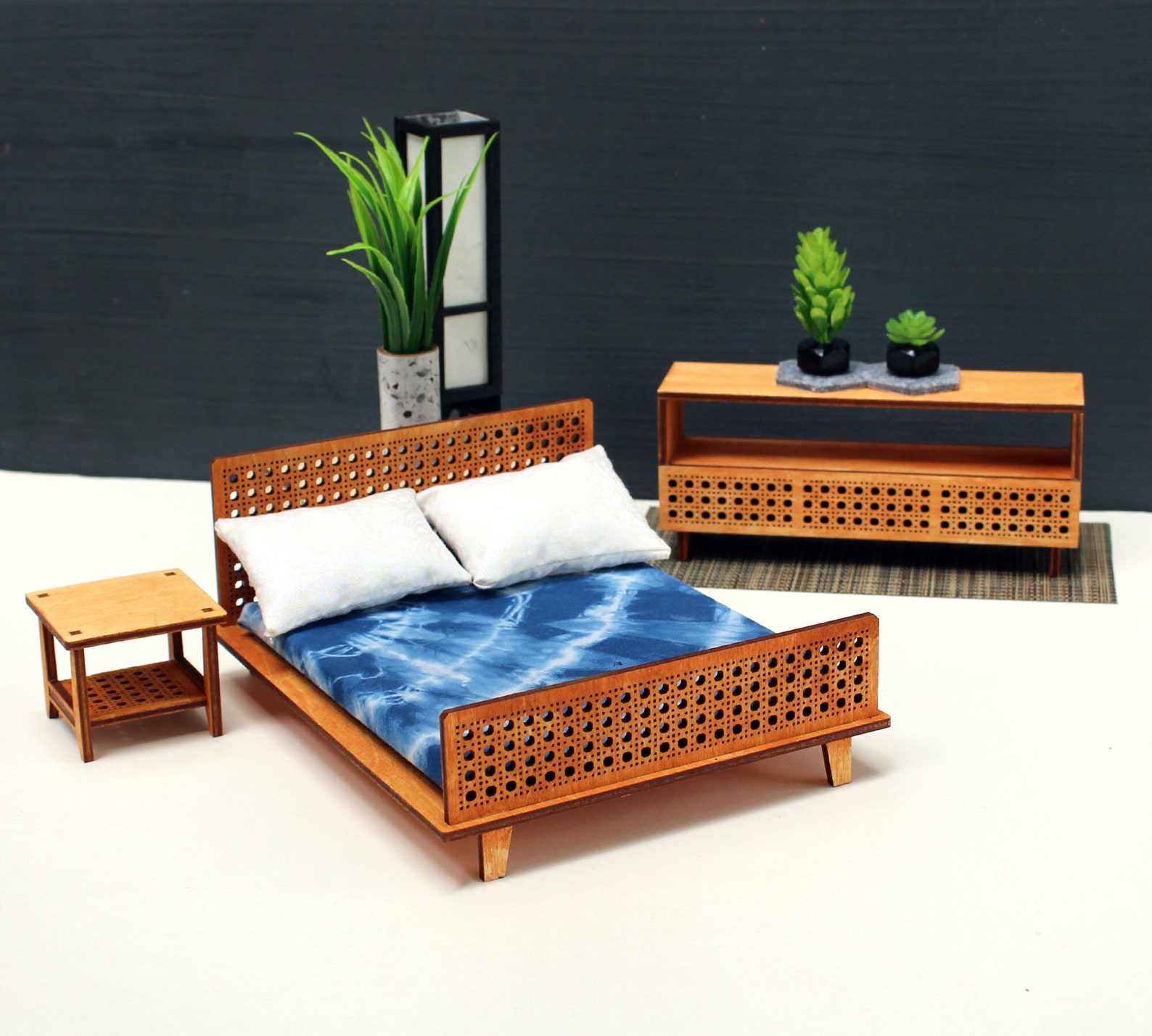 1:12 Scale Cane Bedroom Set W/ 2 Side Tables Modern - Etsy