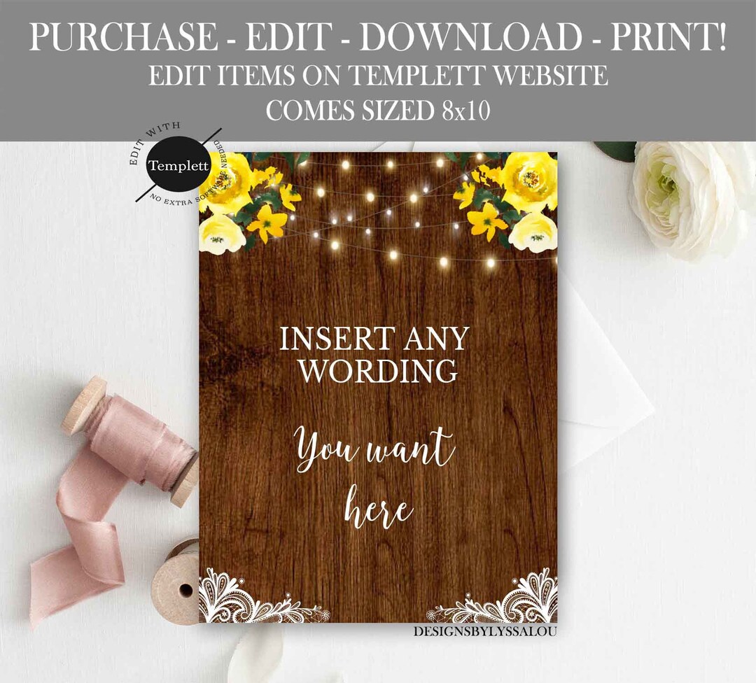 Rustic Yellow Custom Wording Sign Any Wording Any Event You Edit ...