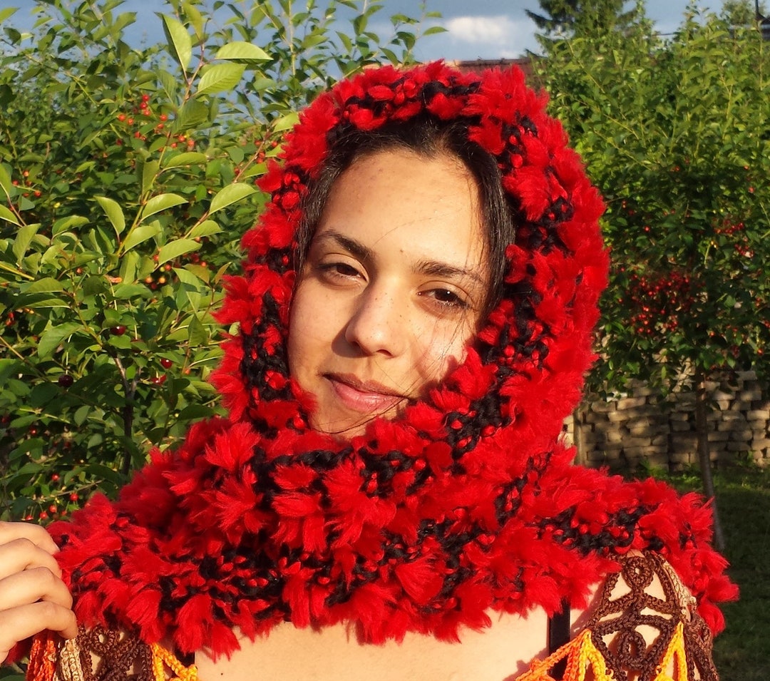 Red Wool Chunky Scarf Hooded Long Scarf Red Wool Hand Knitted - Etsy