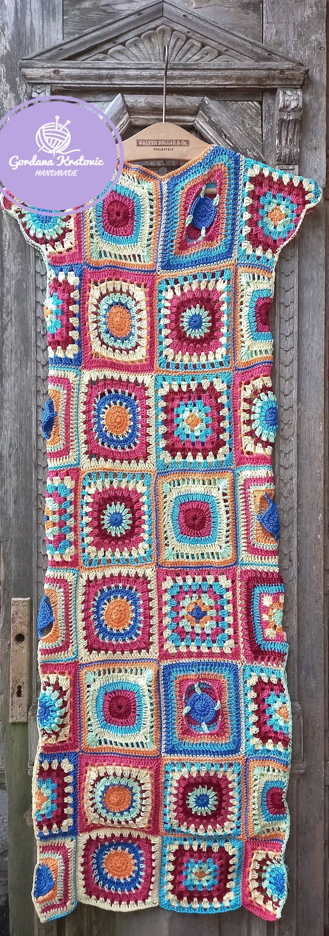 Granny Square Crochet Dress Handmade Boho High Fashion Colorful Retro ...