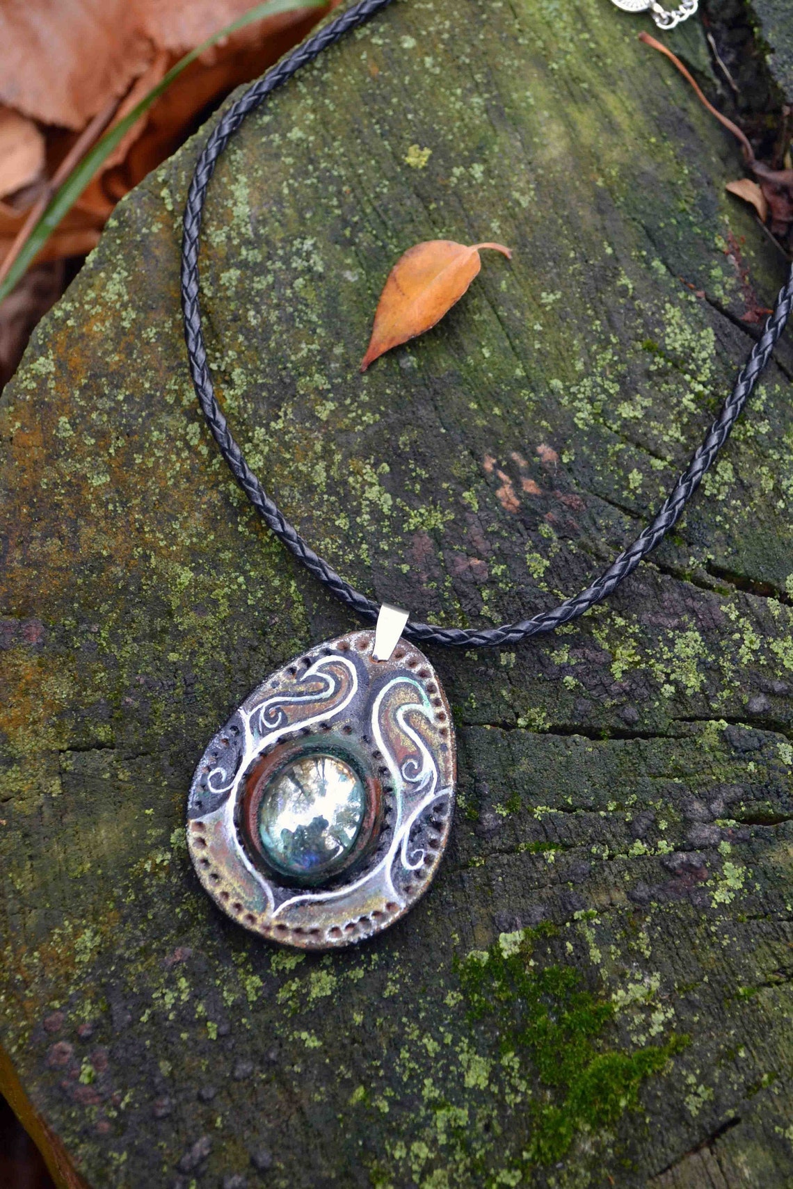 Handmade leather pendant with glass stone leather jewelry | Etsy