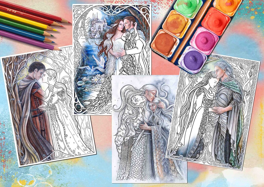 Fantasy Love Art Coloring Pages: Romantic Elves, Set of Four (digital ...