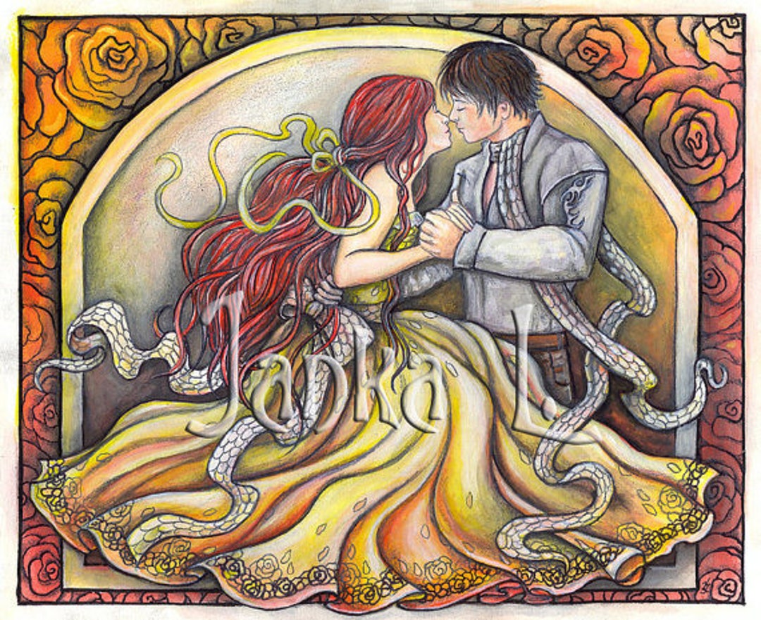 The First Kiss Original Illustration, Romantic Couple, Young Love ...