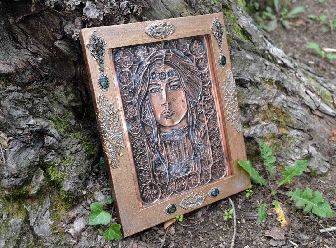 Medieval Beauty Embossed Portrait on Copper Sheet, Metal Embossing ...