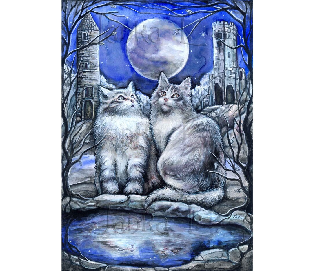 Cats and Moon Original Illustration, Signed Art, Animal, Stars, Blue ...
