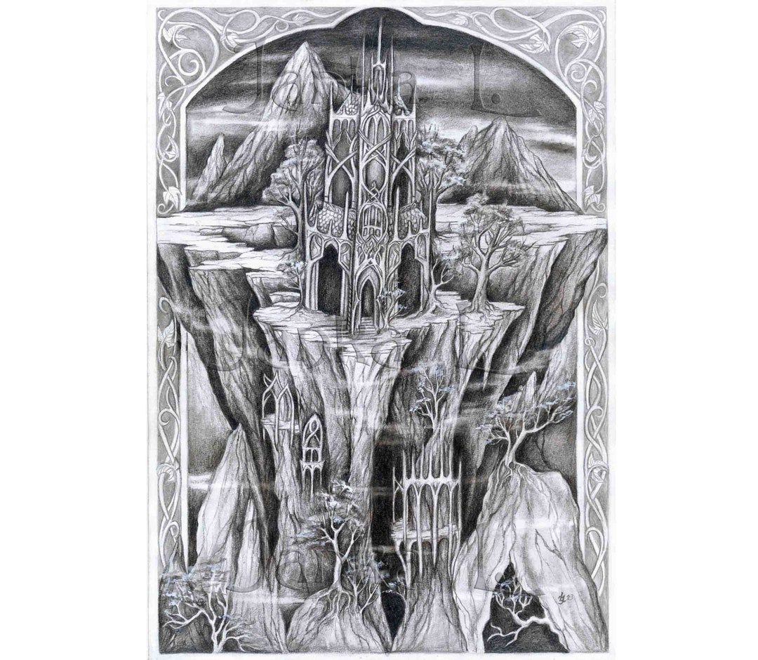 Elven City Pencil Drawing: Signed Fantasy Castle Wall Art - Etsy