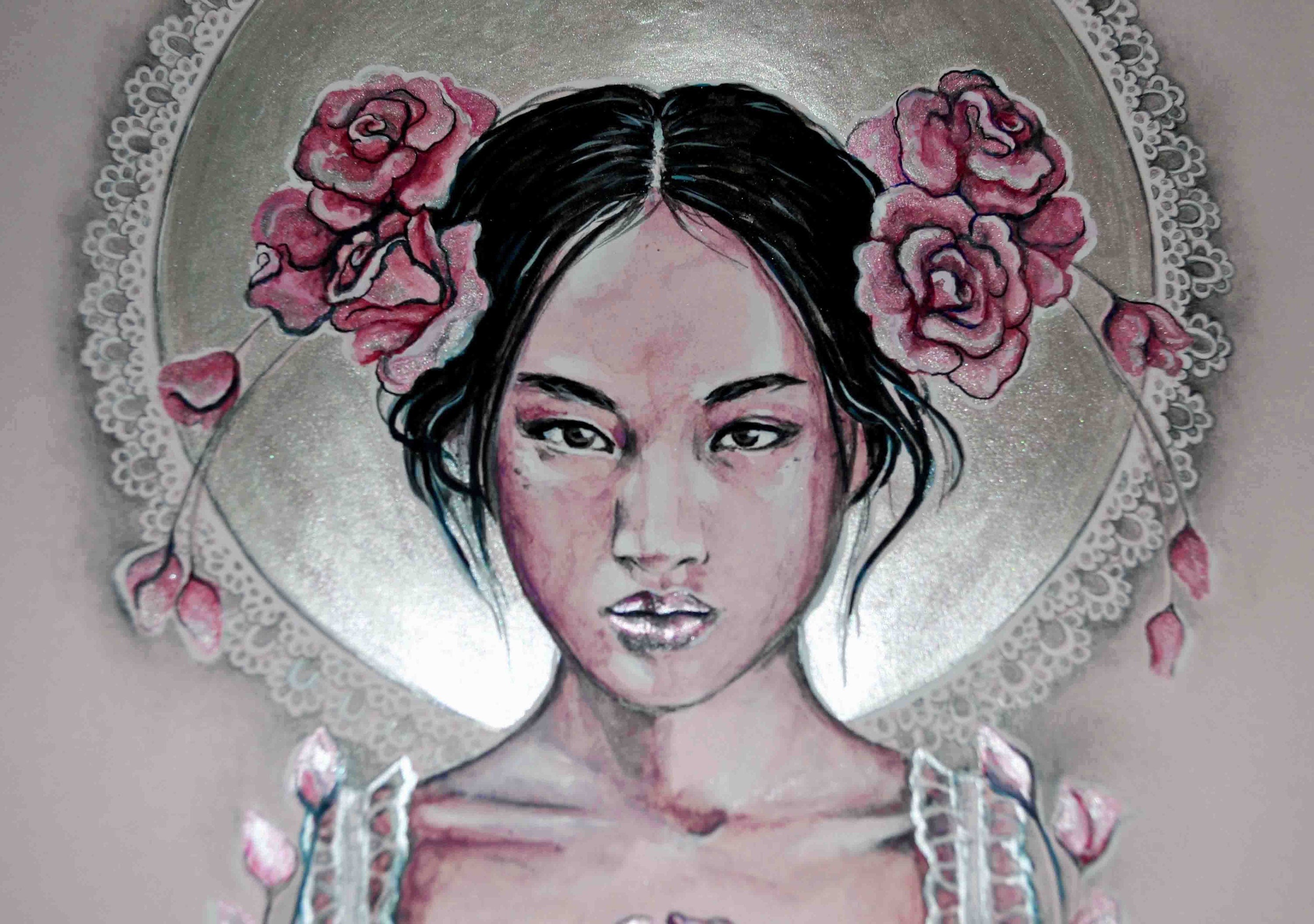 Rose Original illustration woman portrait roses signed | Etsy