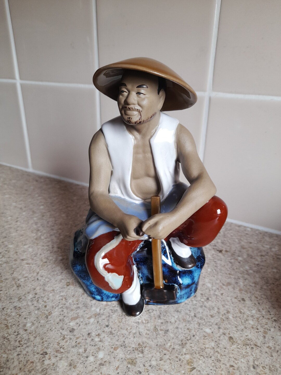 VINTAGE – Large Chinese Mudman Figurine – Sitting Man With Hammer Made ...