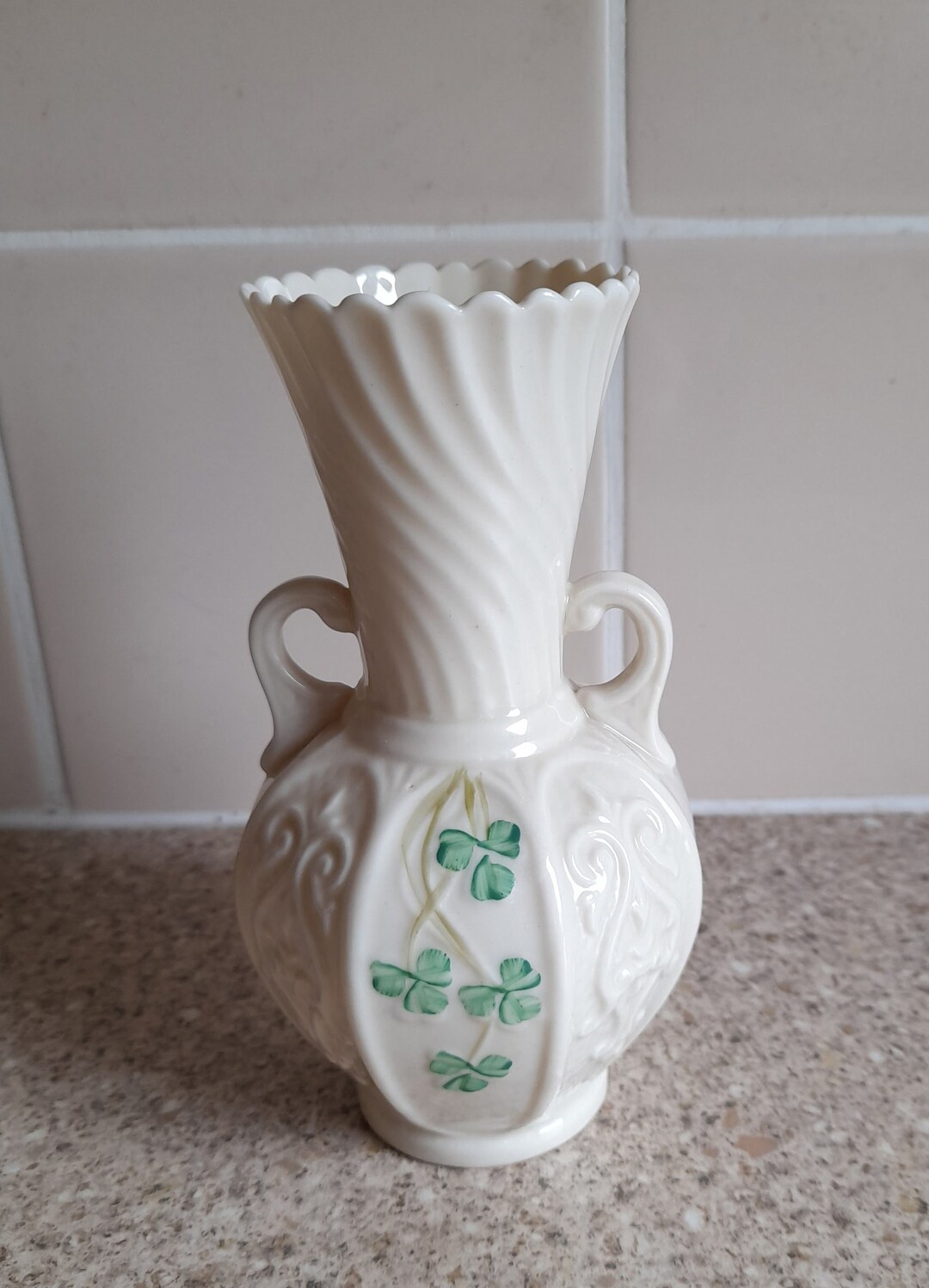 Vintage Belleek Shamrock Vase: Ireland Porcelain, Twin Handle (1980 ...