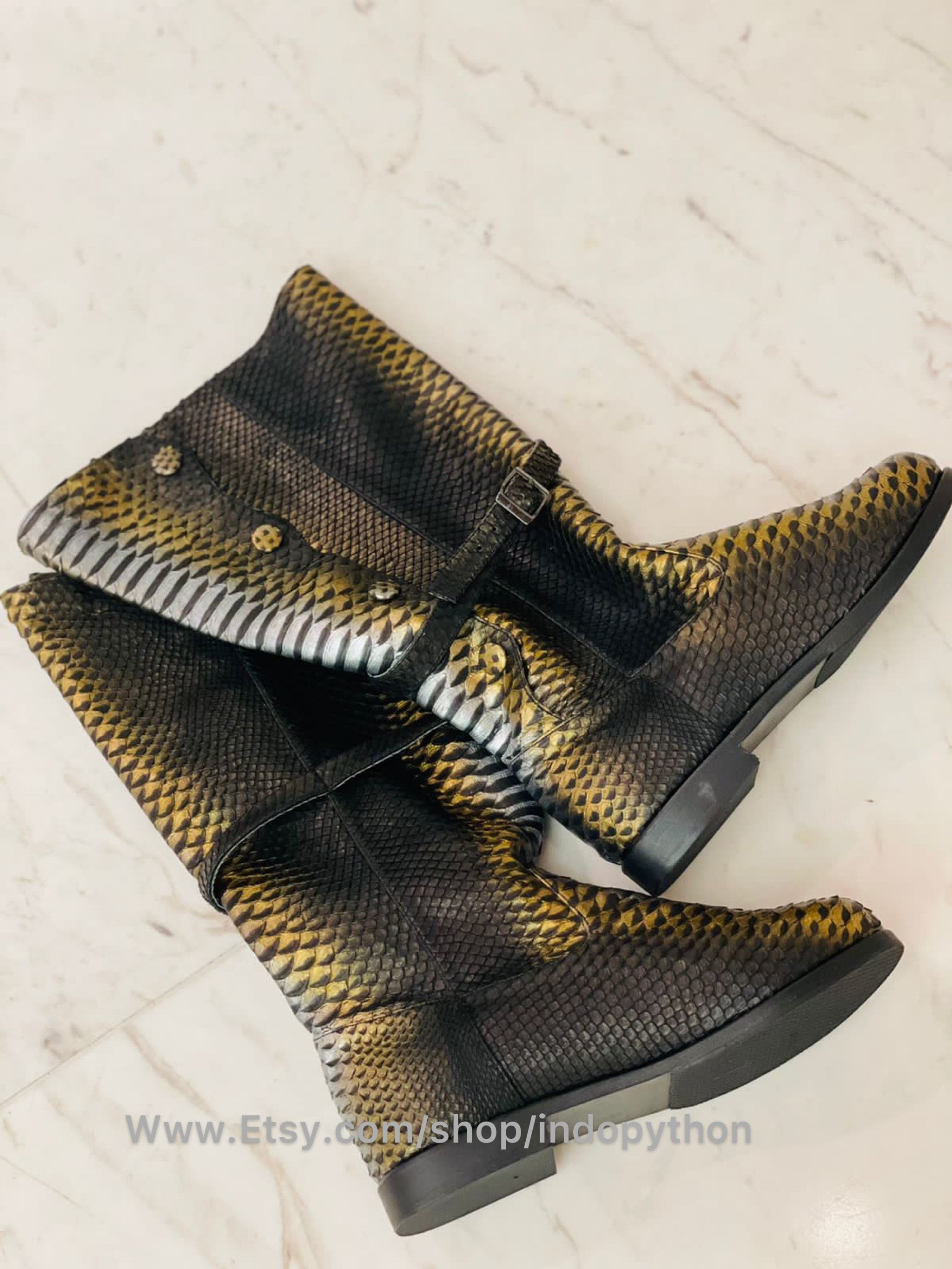 Handmade Python Leather High Boots: Black Snakeskin Shoes - Etsy
