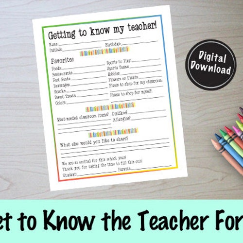 Teacher's Favorite Things Printable Teacher Questionnaire - Etsy