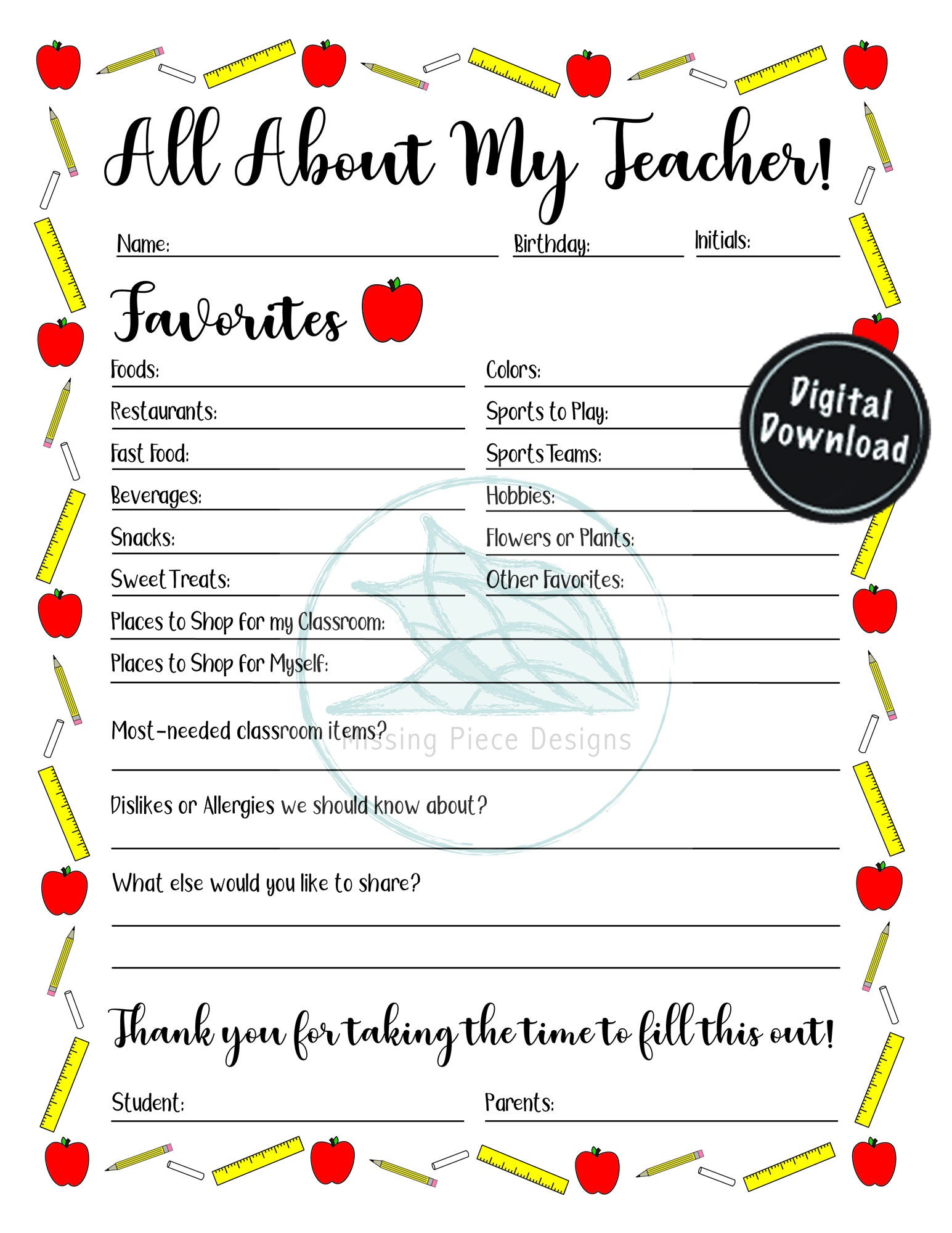 Teacher Favorite Things Questionnaire, All About My Teacher Printable ...