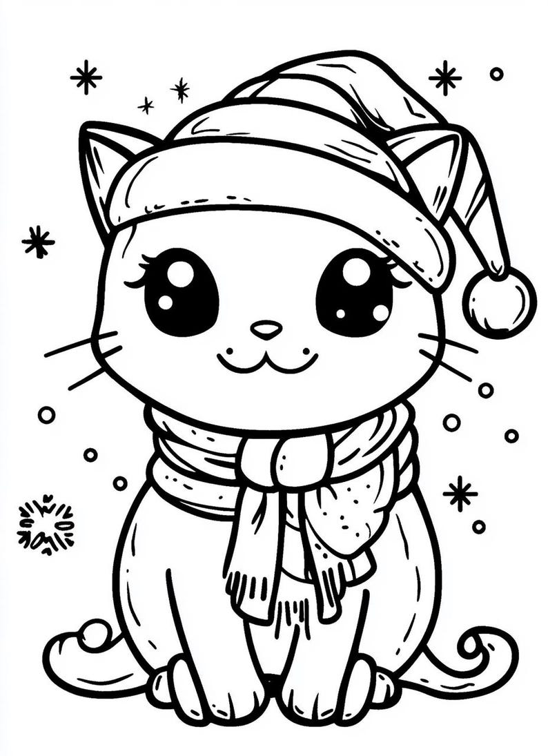 100 Kawaii Cute Cat Christmas Coloring Pages Adults and Kids Coloring ...