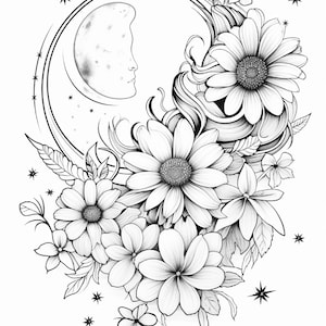 270 Moon and Flowers Coloring Pages - Adults and Kids Coloring Pages ...