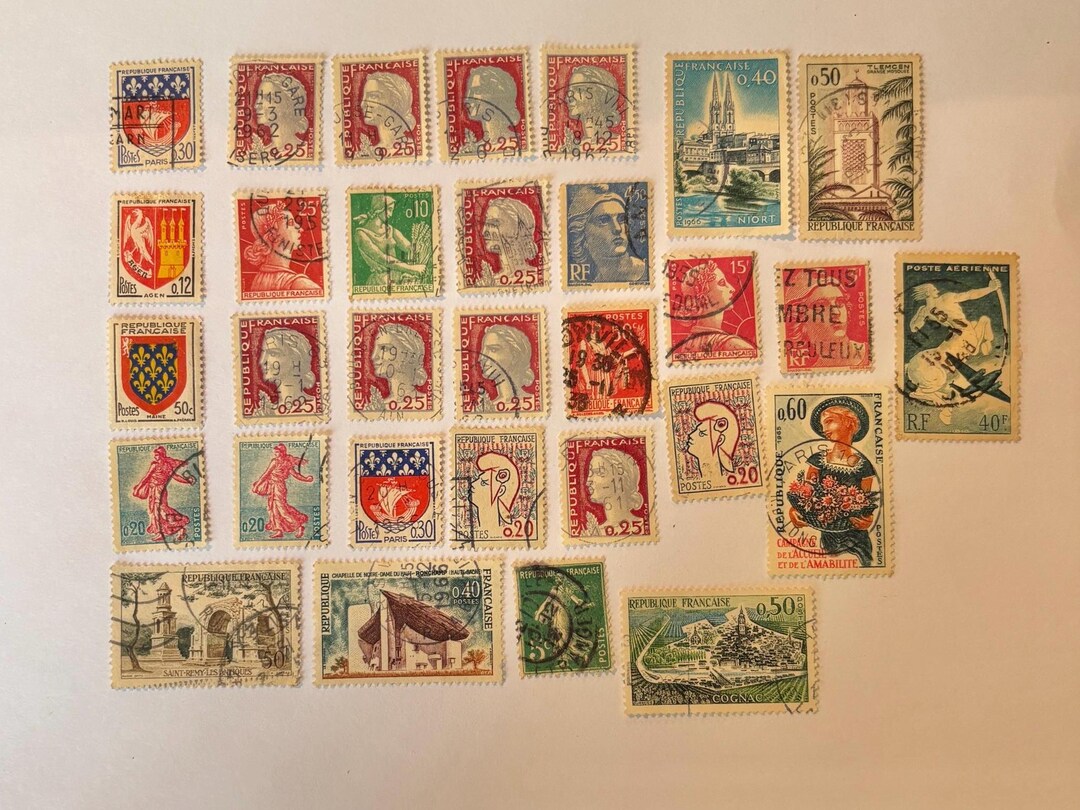 Vintage France Stamp Lot – Marianne, Heraldry, Airmail & Landmarks (31 ...