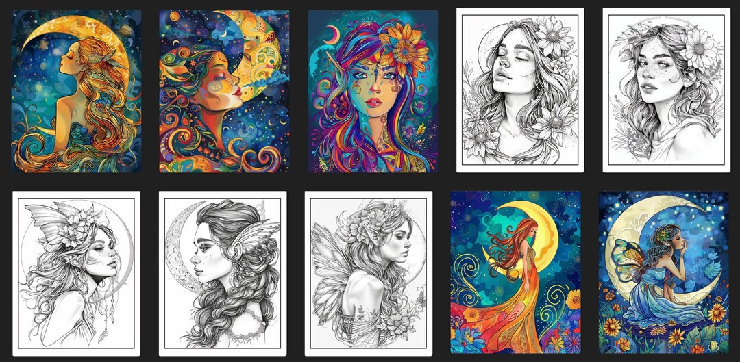 Best Seller 200 Moon Fairy Coloring Page for Kids and Adults Printable ...